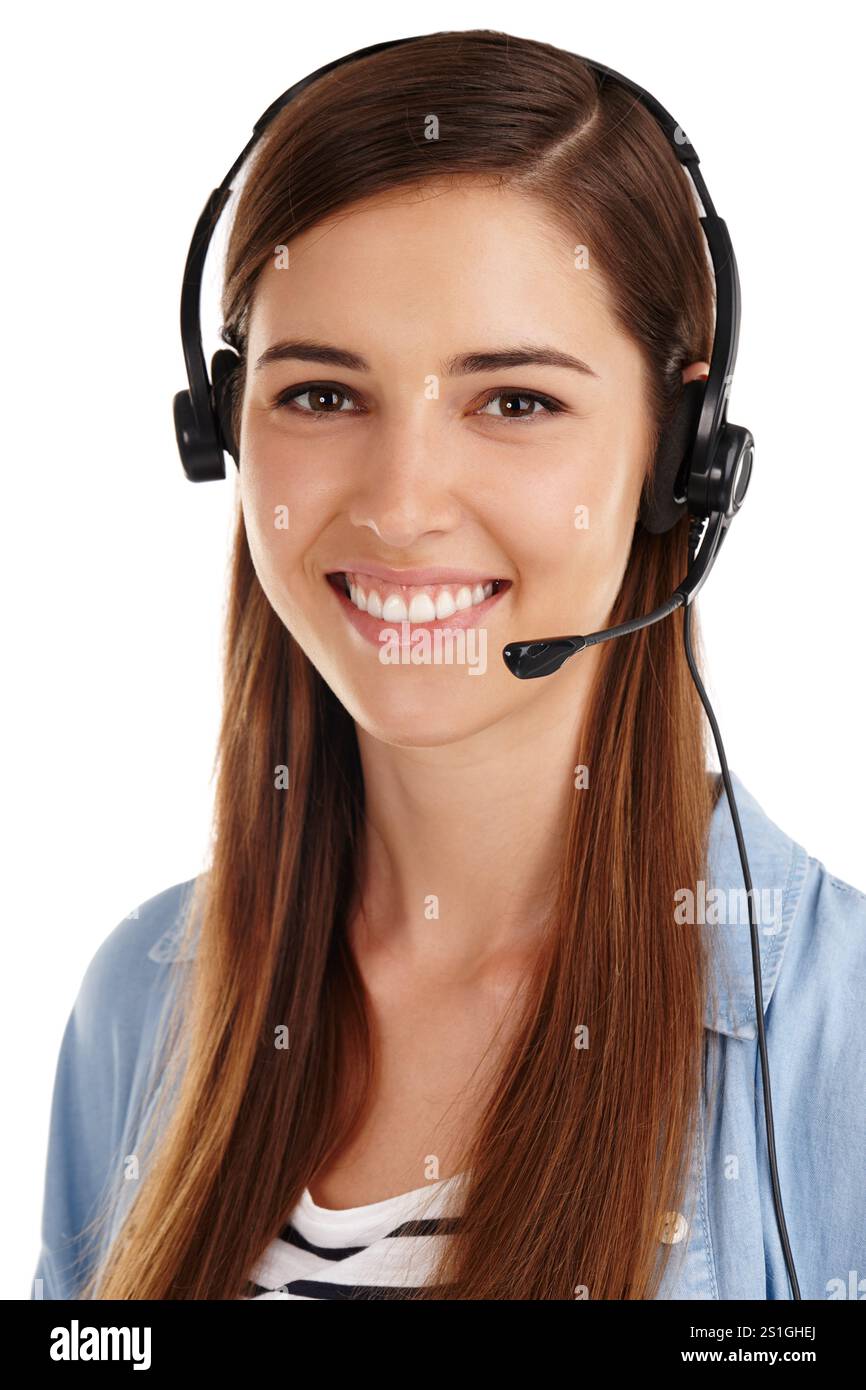 Woman, portrait and telemarketing employee in studio, hotline operator ...