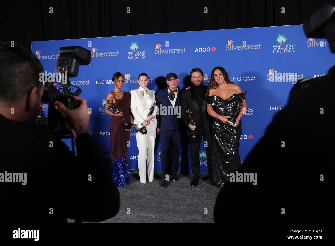 Zoe Saldana, from left, Selena Gomez, Jacques Audiard, Edgar Ramirez, and Karla Sofia Gascon ...