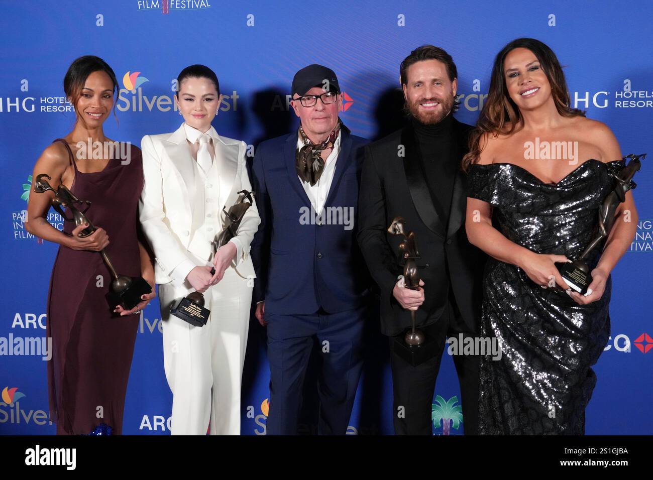 Zoe Saldana, from left, Selena Gomez, Jacques Audiard, Edgar Ramirez, and Karla Sofia Gascon ...