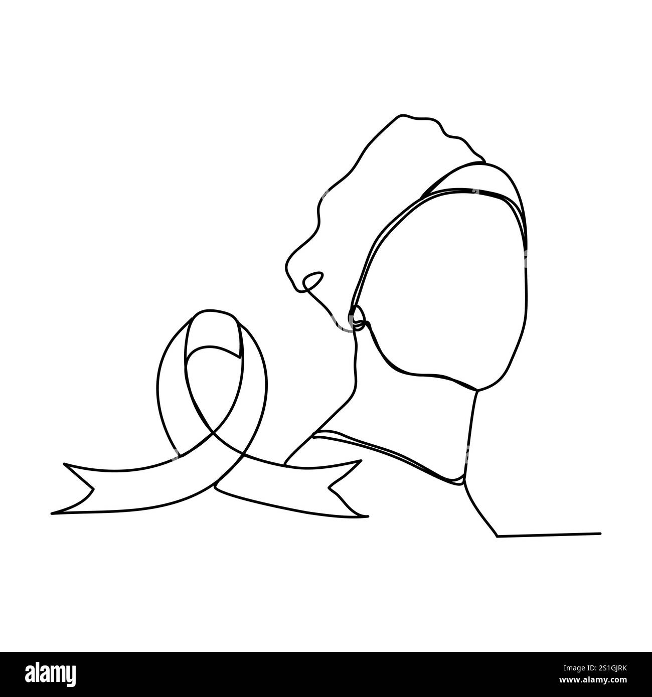 Continuous one line drawing woman struggle with ribbon as cancer symbol ...