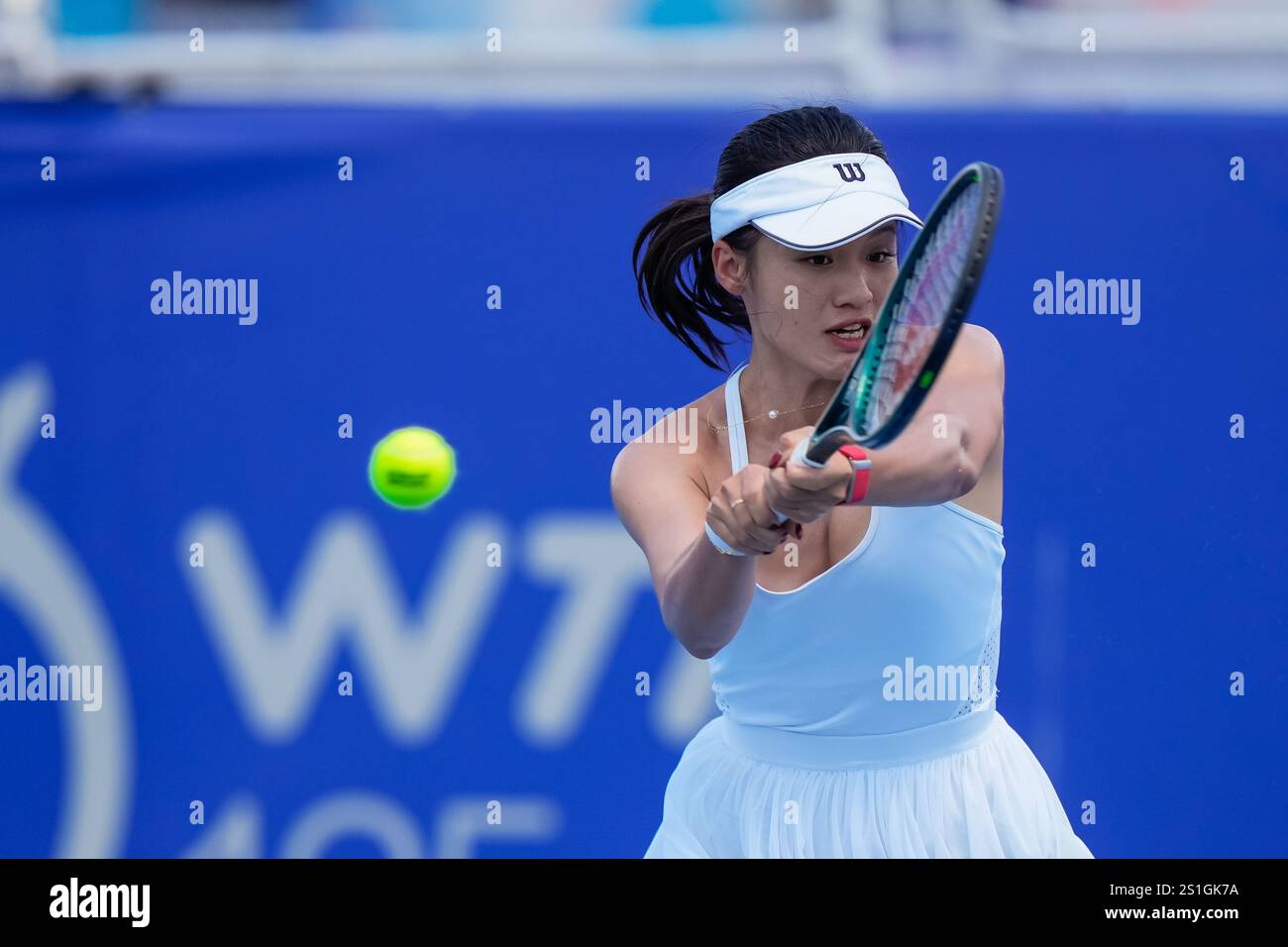 Canberra, Australia; 4th Jan 2025: Sijia Wei of China is pictured in action against Aoi Ito of ...