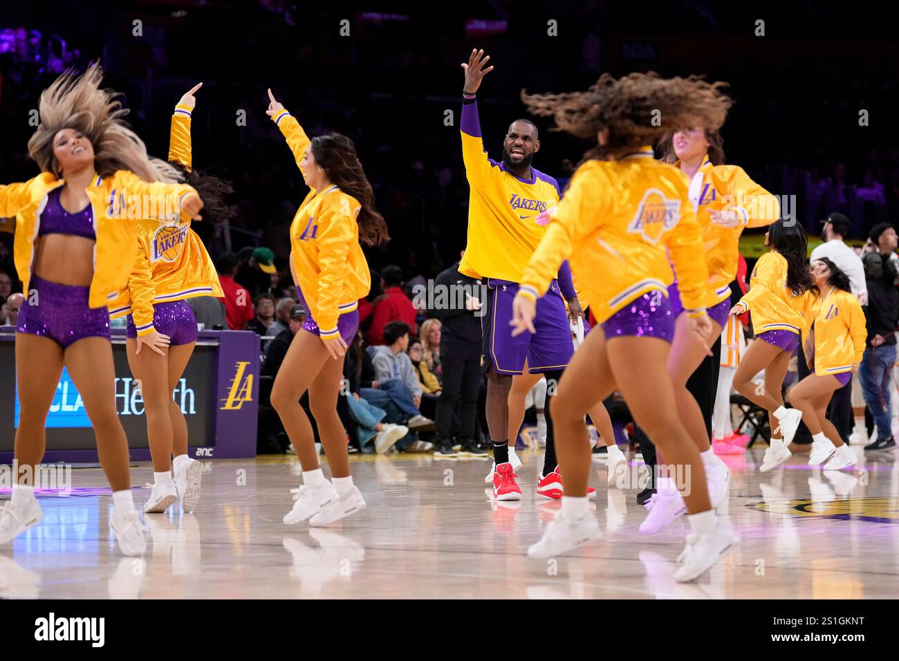 Los Angeles Lakers forward LeBron James, center, argues with a referee ...