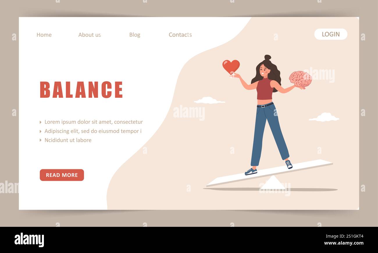 Balance between Brain and Heart. Landing page template. Woman tries to ...