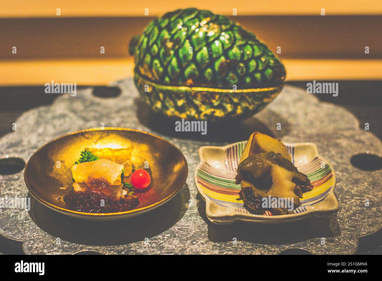 a trio of japanese appetisers with monkfish liver, pufferfish and ...