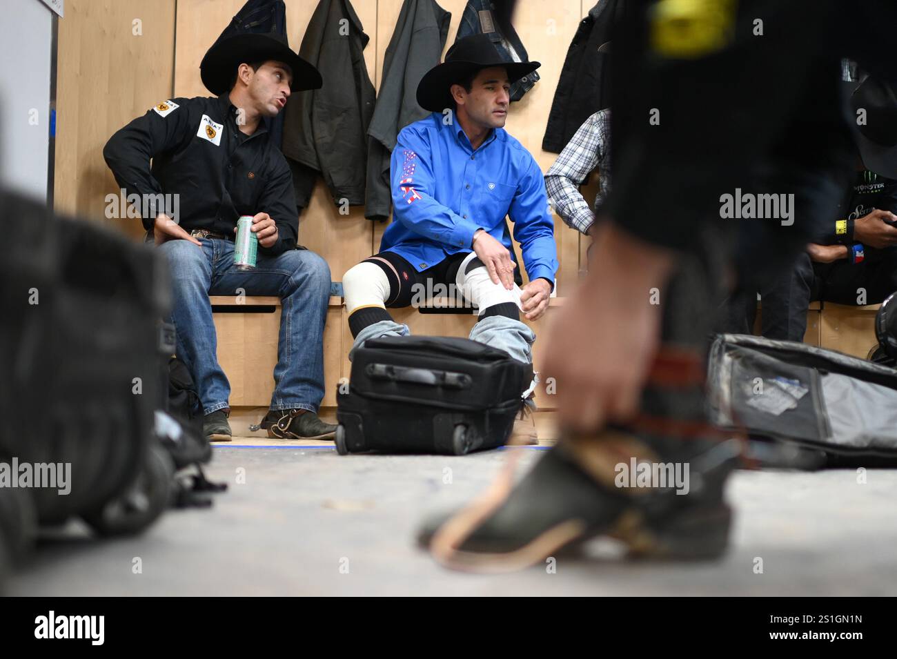 New York, USA. 03rd Jan, 2025. Professional bull riders prepare to ...