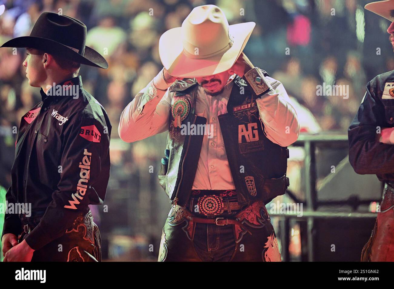 New York, USA. 03rd Jan, 2025. Professional bull riders are introduced ...