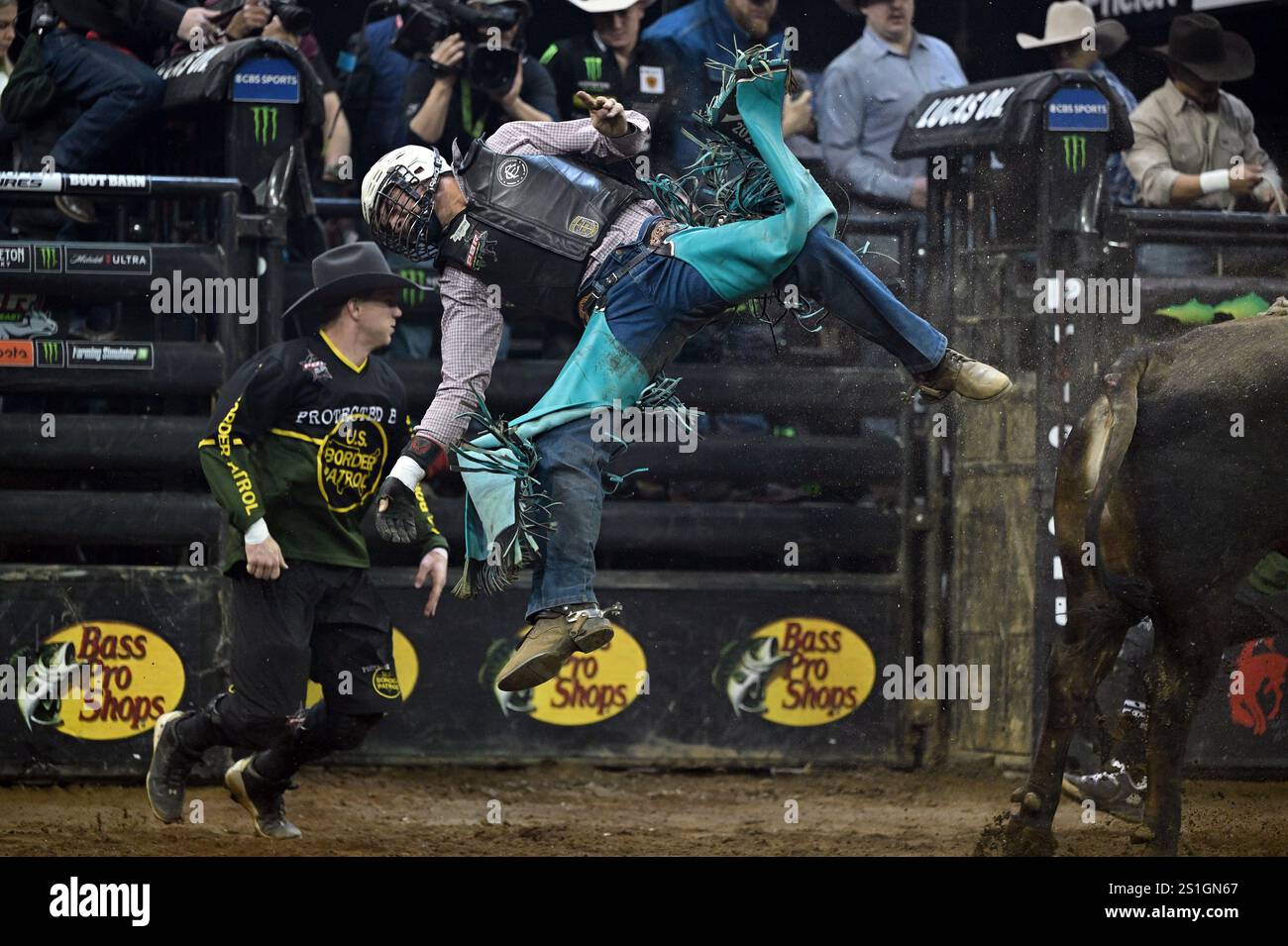 Professional bull rider Jake Morino is thrown off Feeds Red River while ...