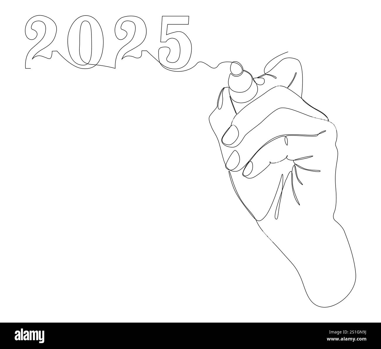 One continuous line of number 2025 written by with felt tip pen. Thin ...