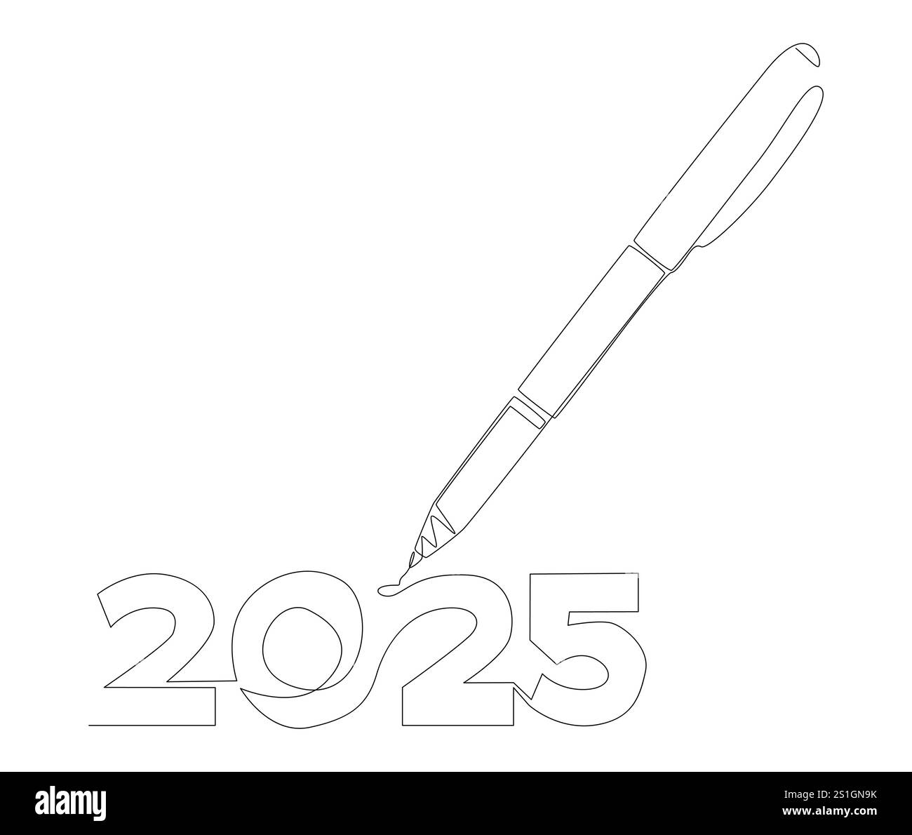 One continuous line of number 2025 written by with felt tip pen. Thin ...