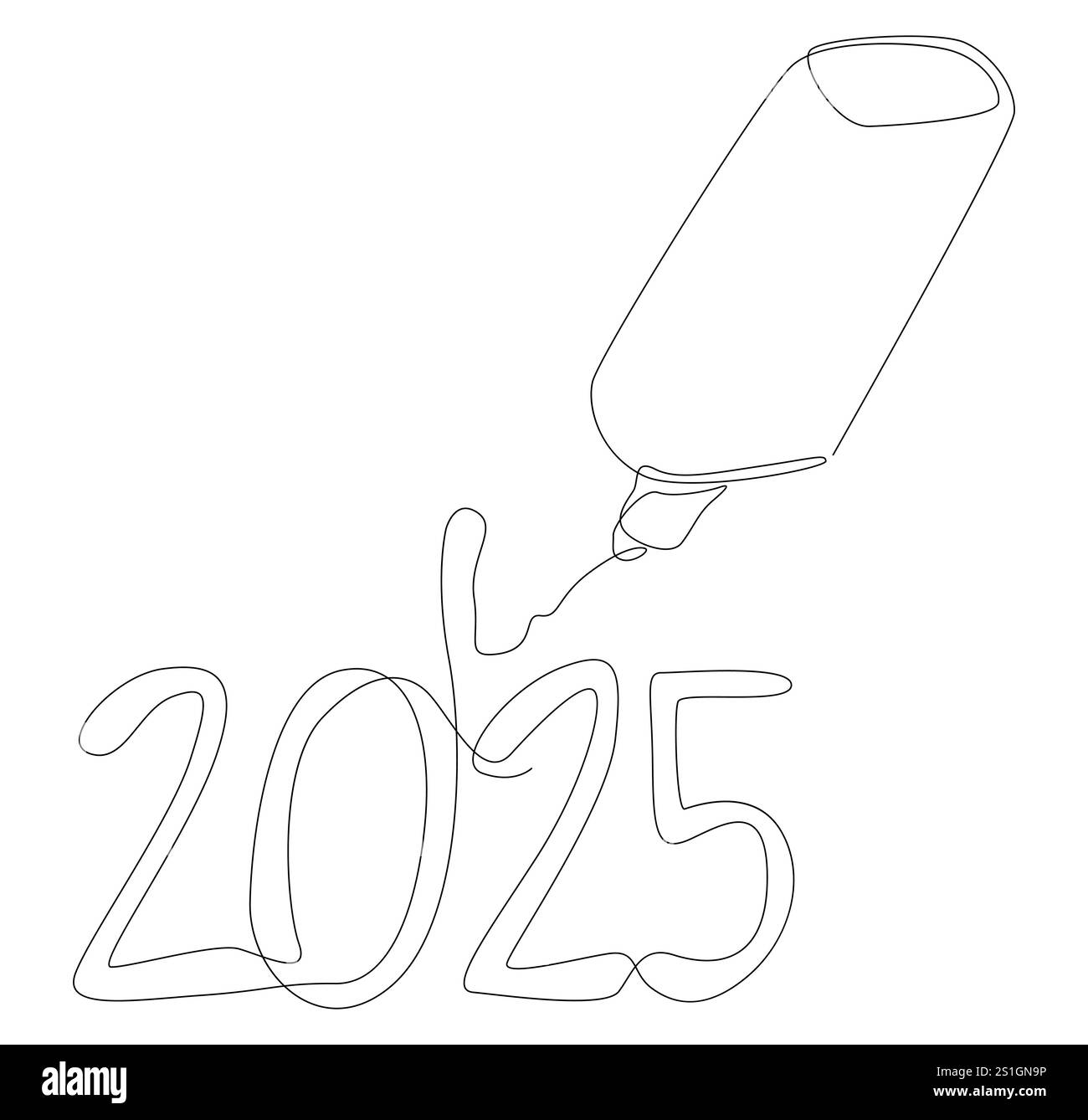 One continuous line of number 2025 written by with felt tip pen. Thin ...