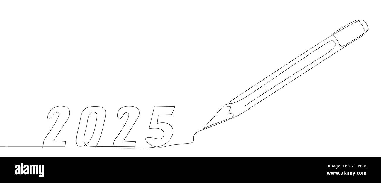One continuous line of number 2025 written by with felt tip pen. Thin ...
