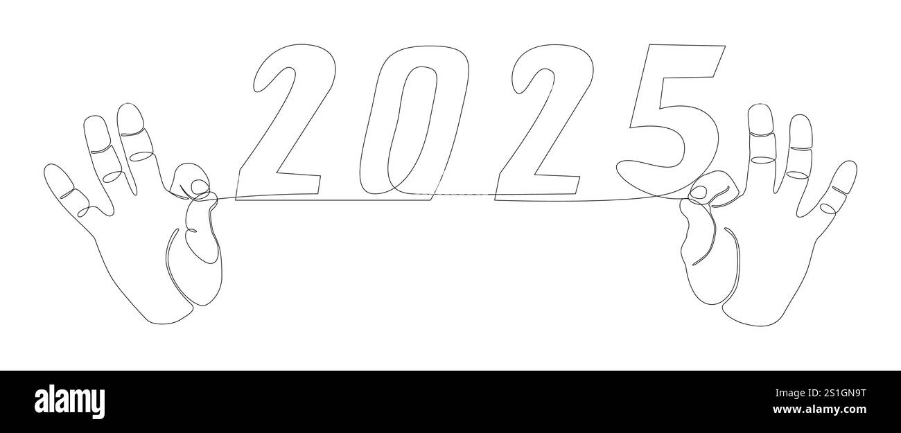 One continuous line of hand with number 2025. Thin Line Illustration ...