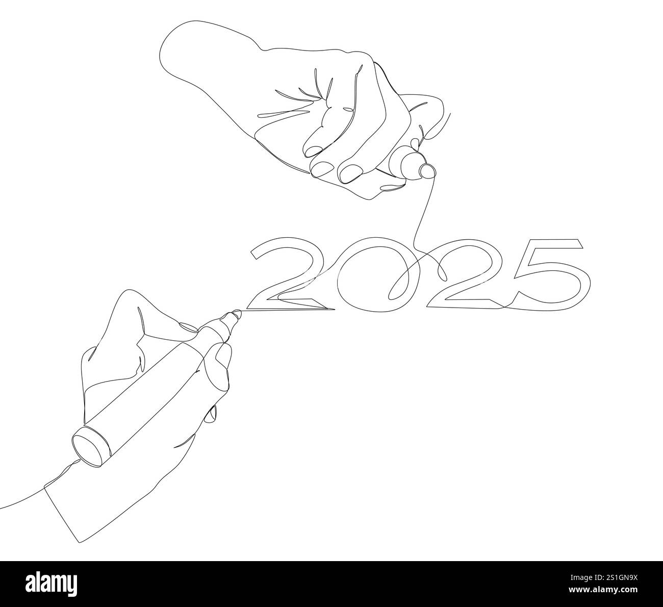 One continuous line of number 2025 written by with felt tip pen. Thin ...