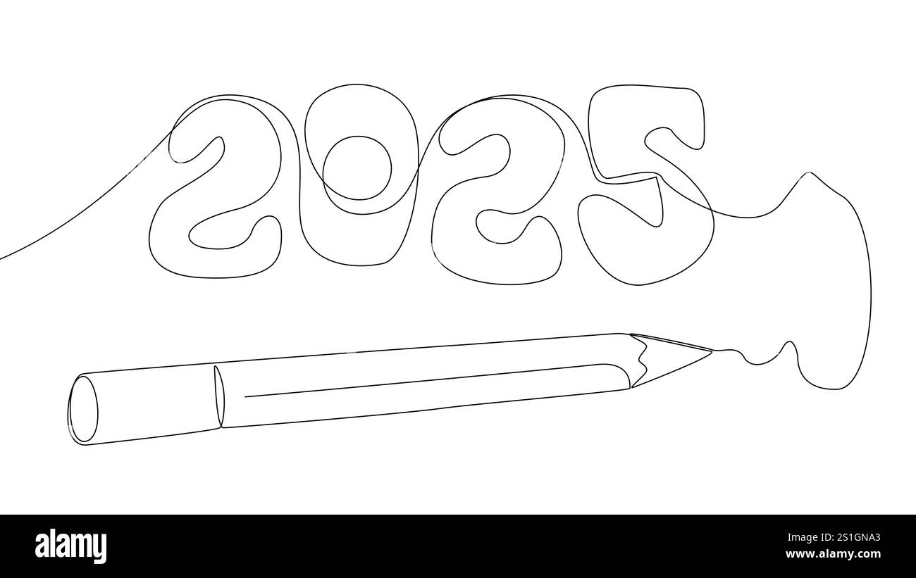 One continuous line of number 2025 written by with felt tip pen. Thin ...