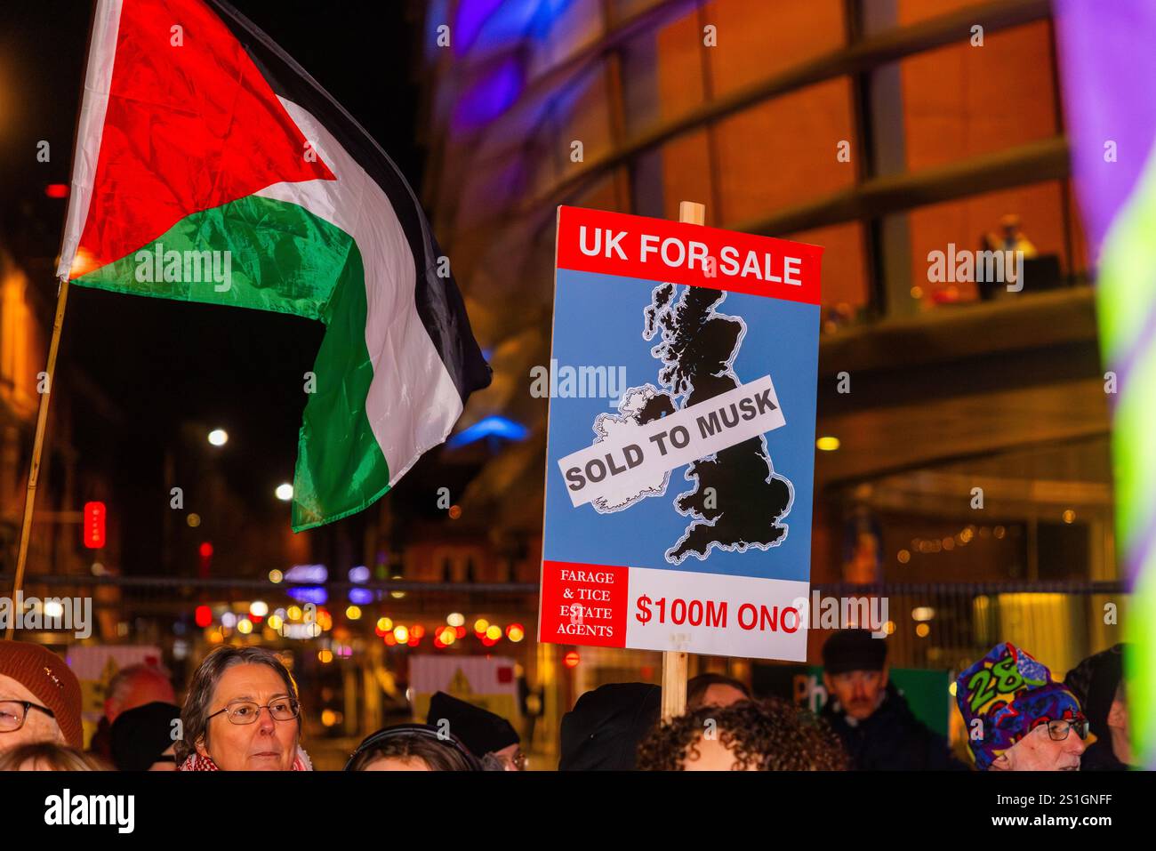 Leicester, UK. 03 01, 2025. "sold to musk" sign as Stand Up to Racism ...