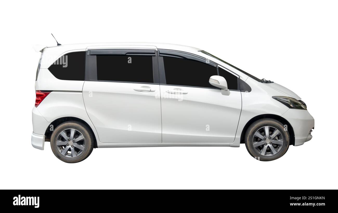 Side view of large or big white sports hatchback car is isolated on ...