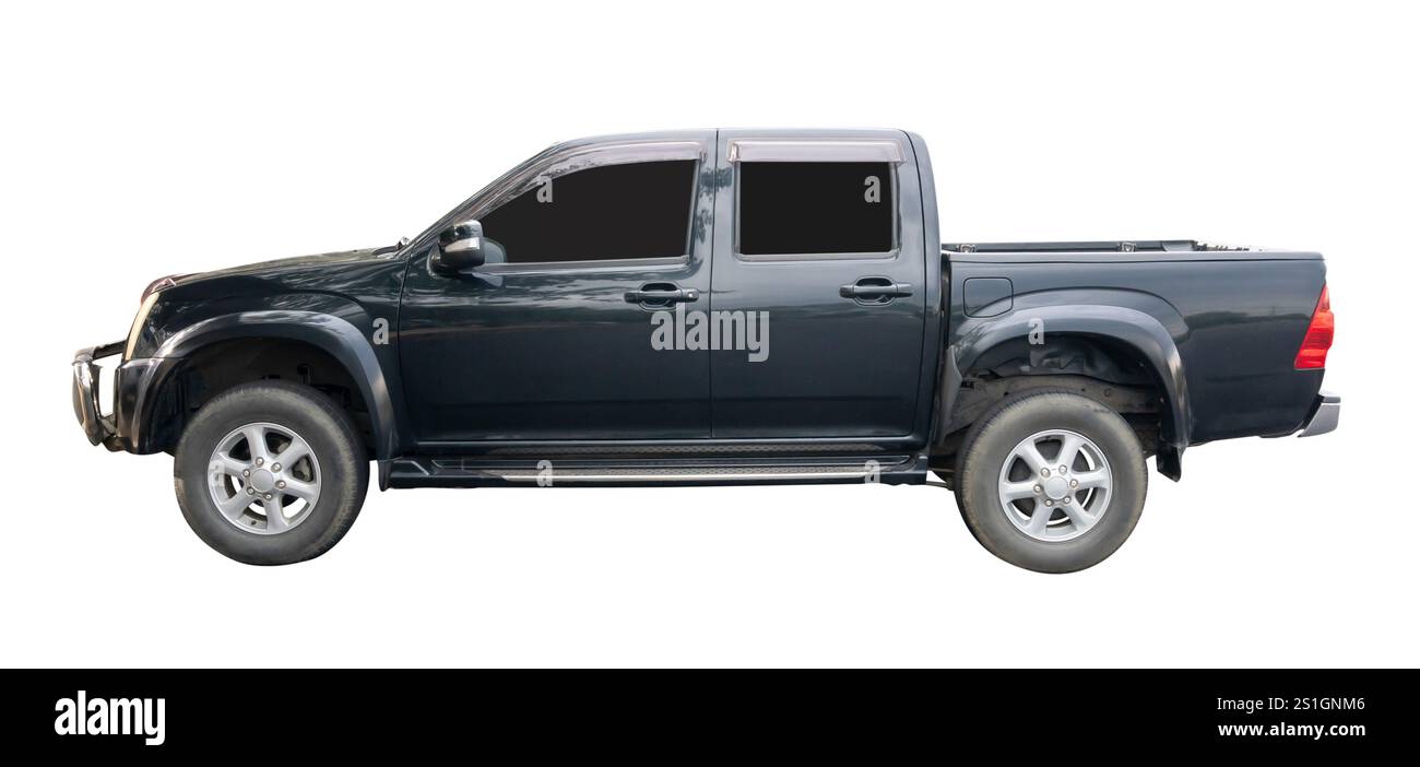 Side view of dark or black pickup truck is isolated on white background ...