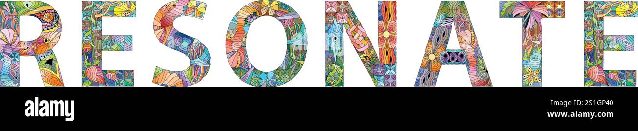 Hand-painted art design. Hand drawn illustration word RESONATE for t ...