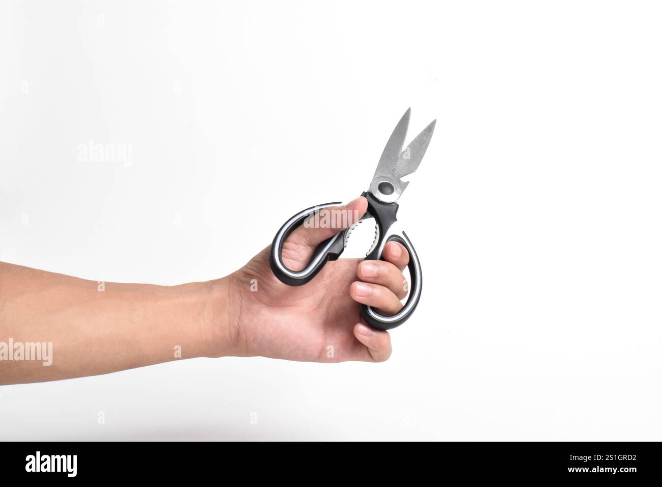 Hand holding Kitchen scissors shears stainless steel isolated on white background Stock Photo ...