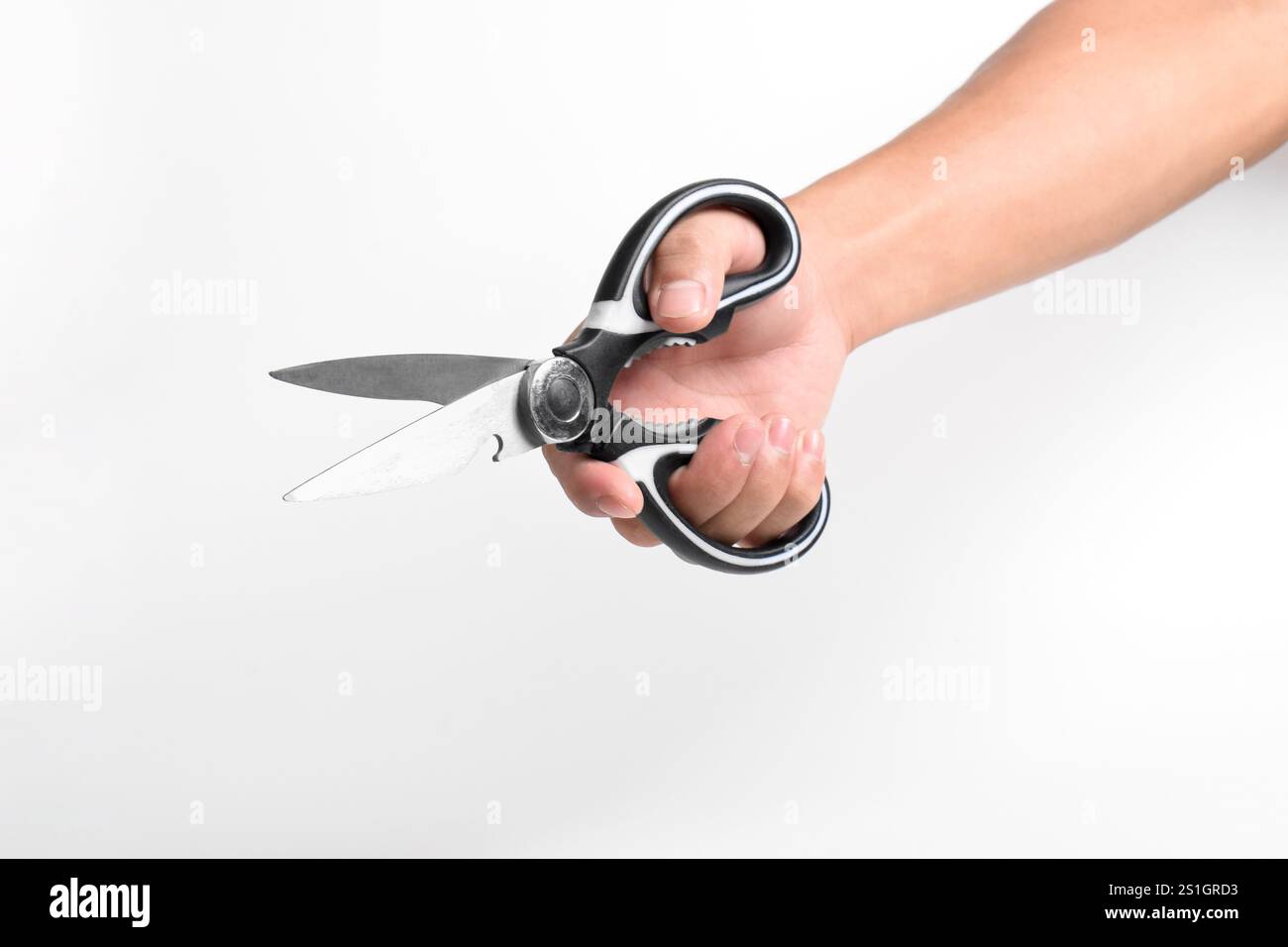 Hand holding Kitchen scissors shears stainless steel isolated on white background Stock Photo ...