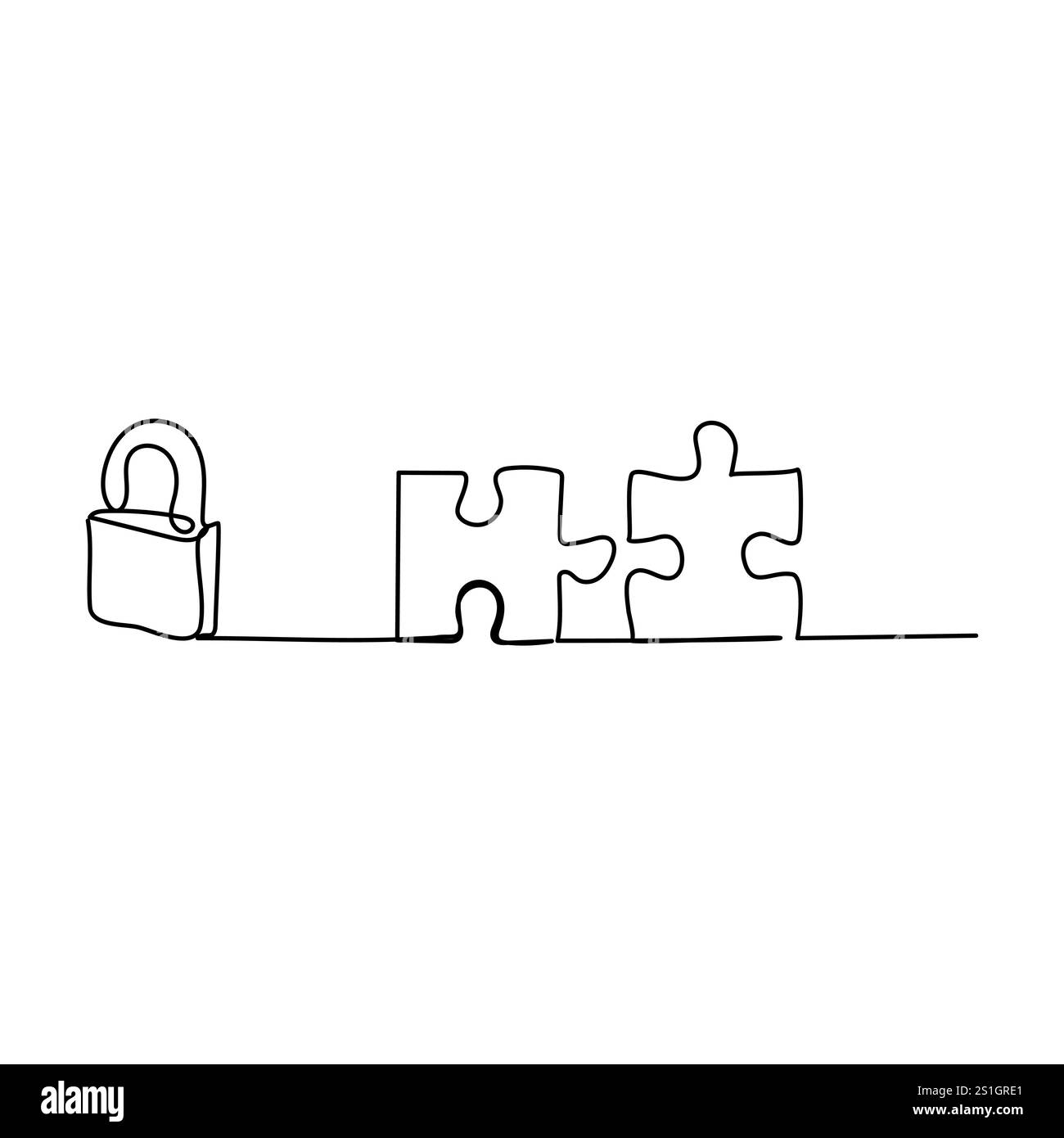 Continuous one line drawing of two pieces of jigsaw on white background. Puzzle game symbol and ...