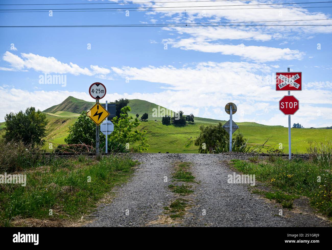Railway crossing sign, stop sign and powerline above sign at the ...