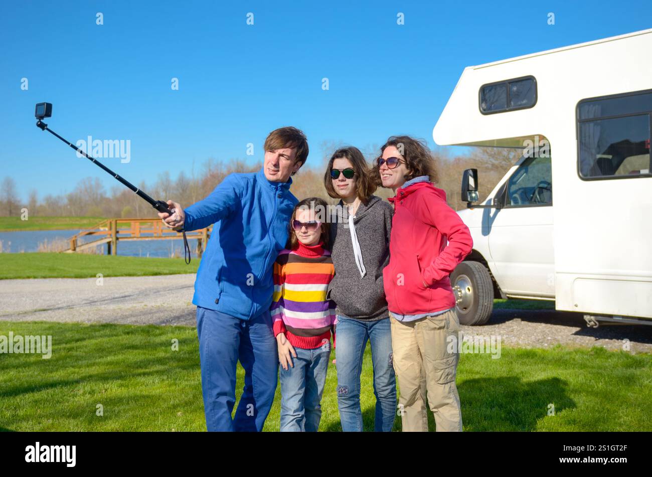 Family vacation, RV travel with kids, happy parents with children have ...