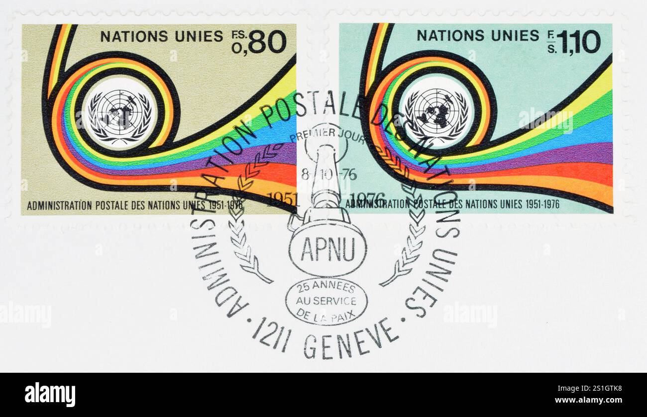 Cancelled postage stamp printed by United Nations, Geneva, that ...