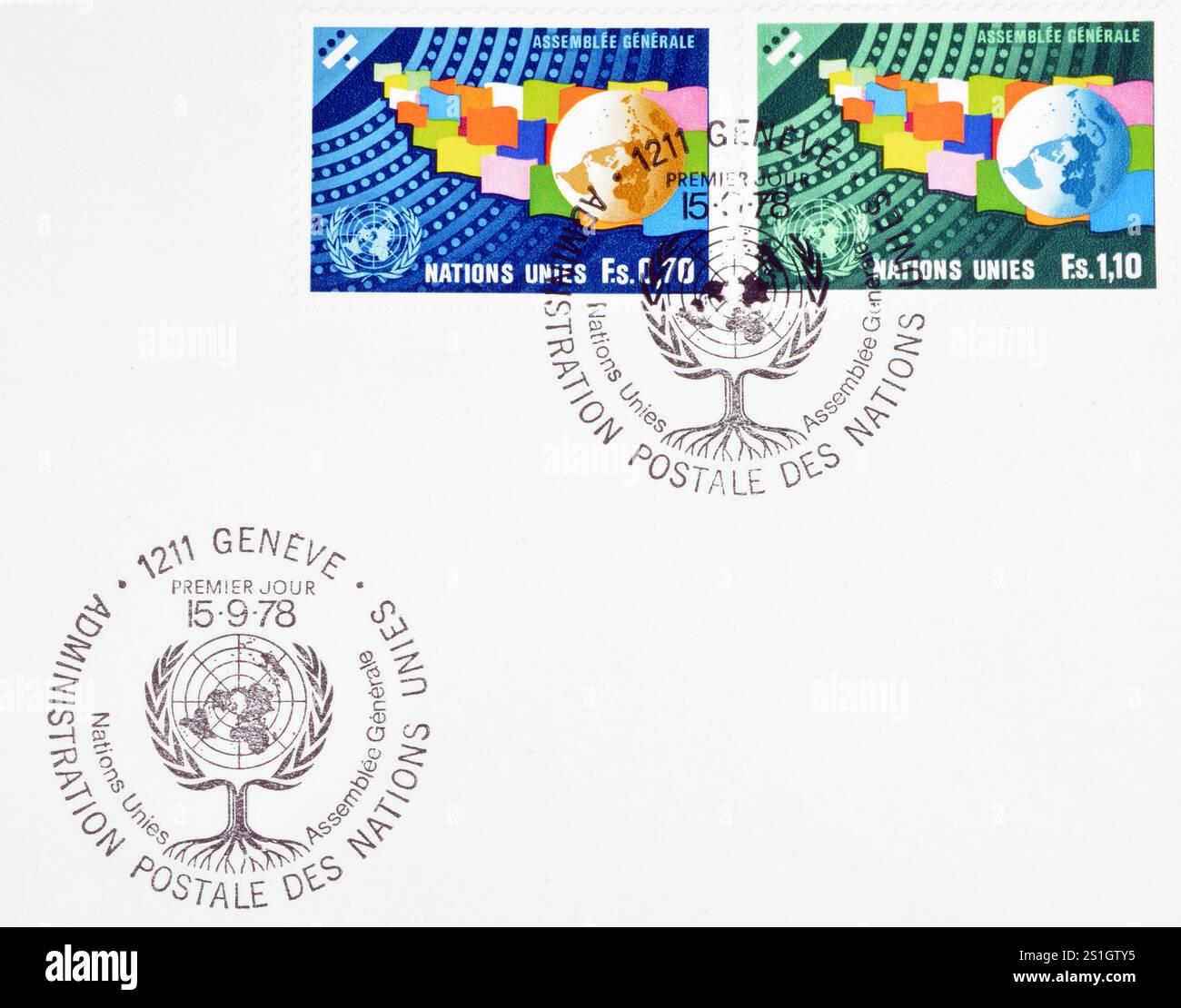 Cancelled postage stamp printed by United Nations, Geneva, that ...