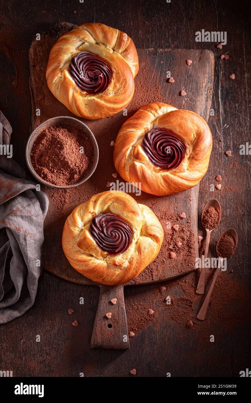 Homemade chocolate pudding yeast cake as traditional dessert. Yeast ...