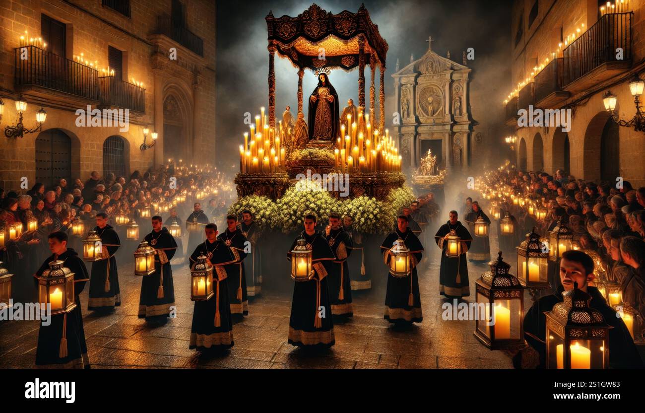 Holy Week processions with religious floats, candles, and traditional ...