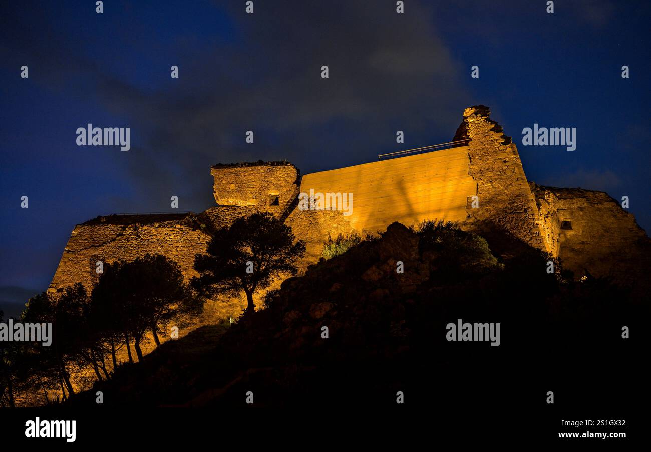 Trinitat Castle, at night, in the city of Roses (Alt Empordà, Girona ...