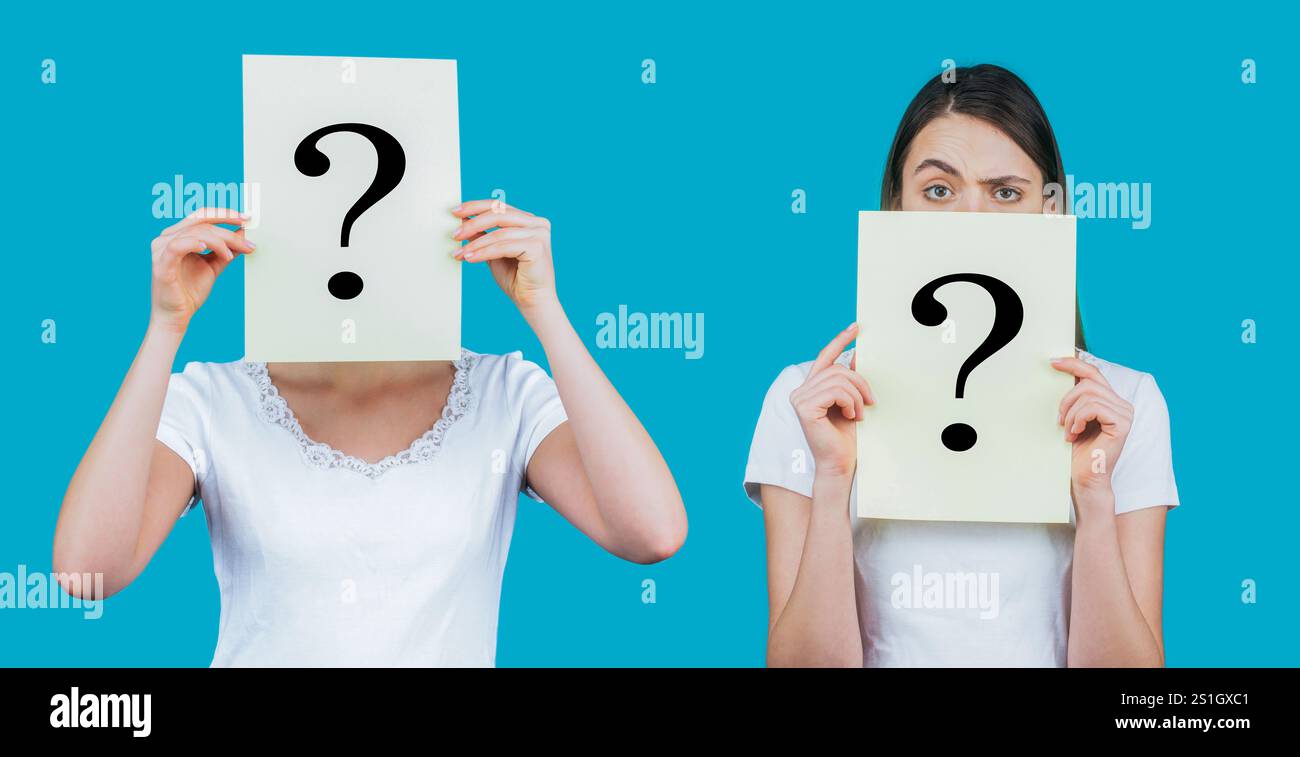 Girl with question mark. Anonymous woman, peeking behind of ...