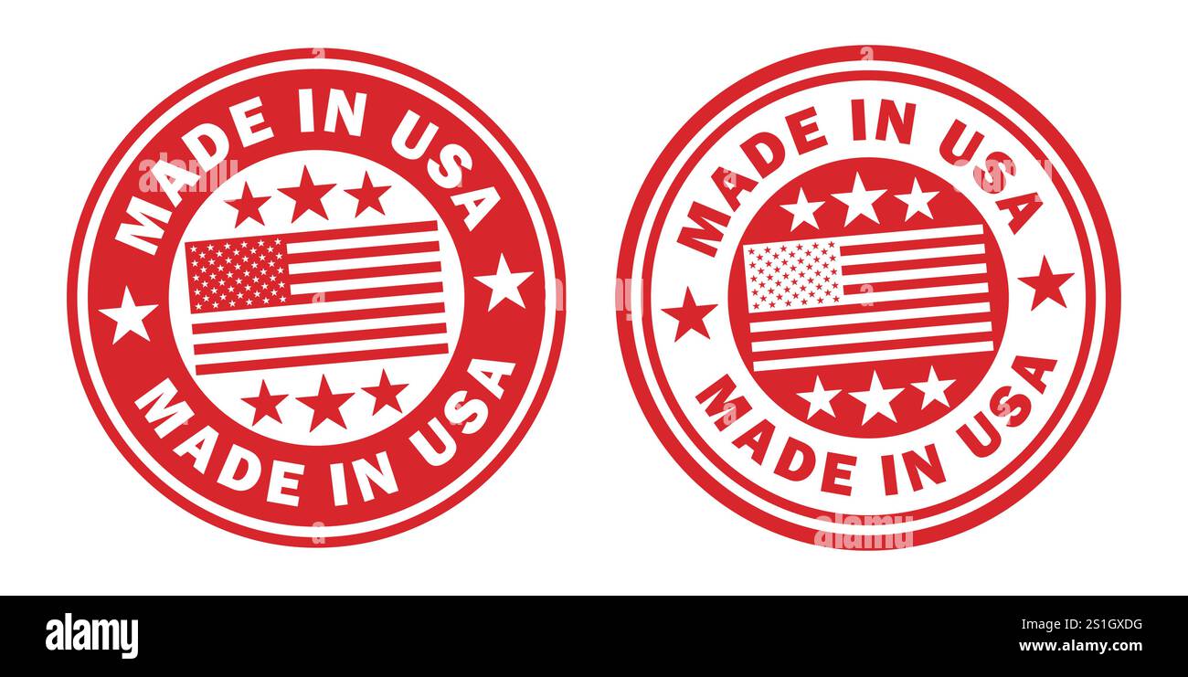 Made in USA grunge style circle rubber stamp badge icon. Produced in ...