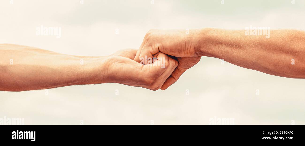Friendly handshake, friends greeting, teamwork friendship. Rescue, helping gesture or hands ...