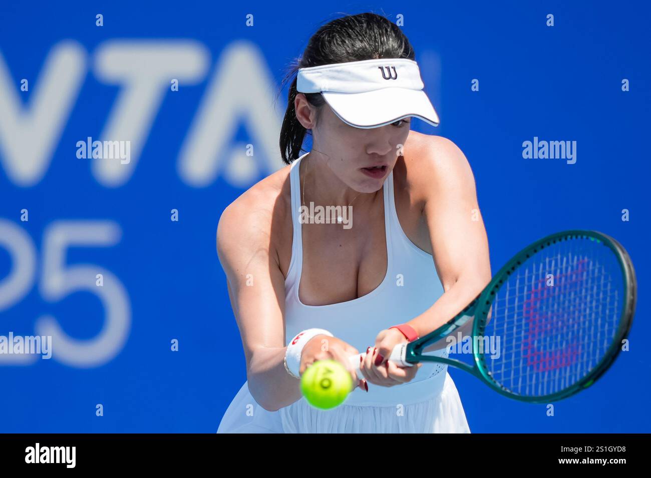 Canberra, Australia; 4th Jan 2025: Sijia Wei of China is pictured in action against Aoi Ito of ...