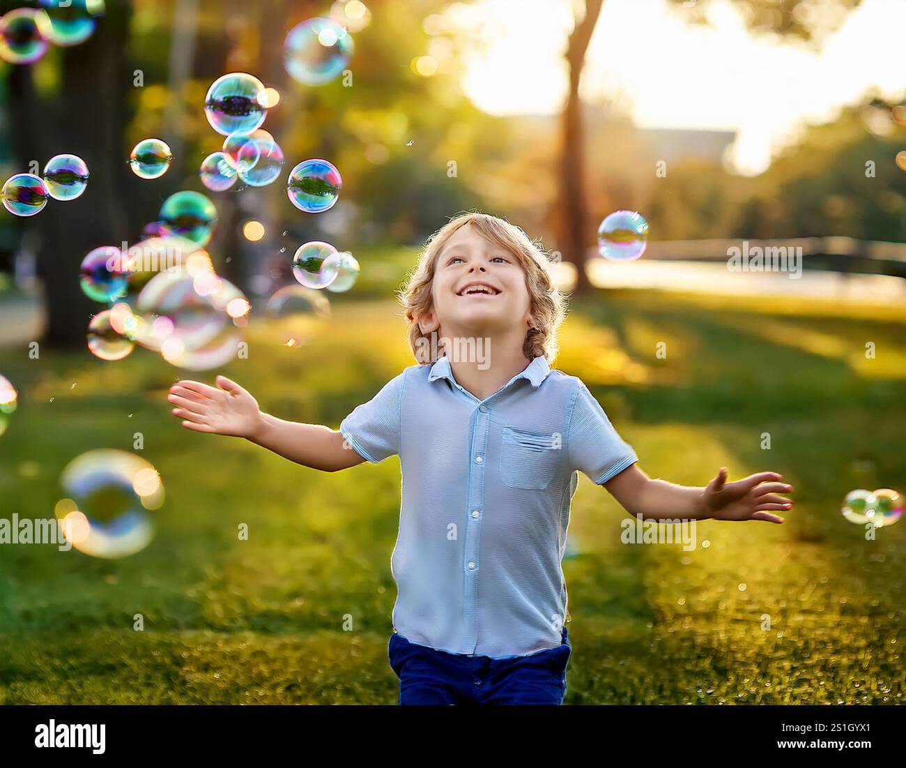 A cheerful child embraces the magic of a summer afternoon, gleefully ...