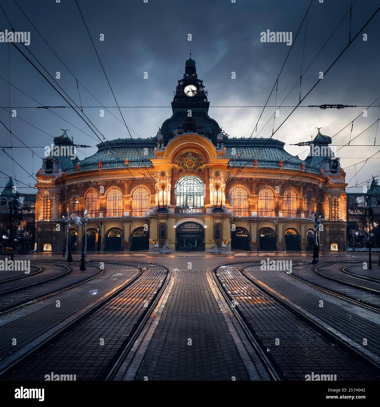 A striking view of Budapest Keleti railway station during twilight ...