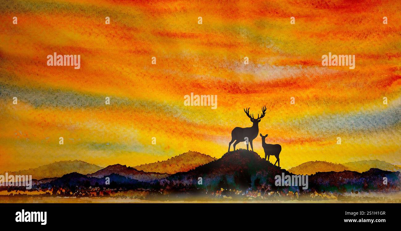 Watercolor landscape paintings panorama colorful of deer wildlife on ...