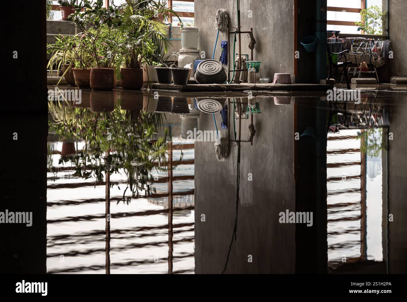 Bangkok, Thailand 03 Jan, 2025 - Reflection in the water of the washing ...
