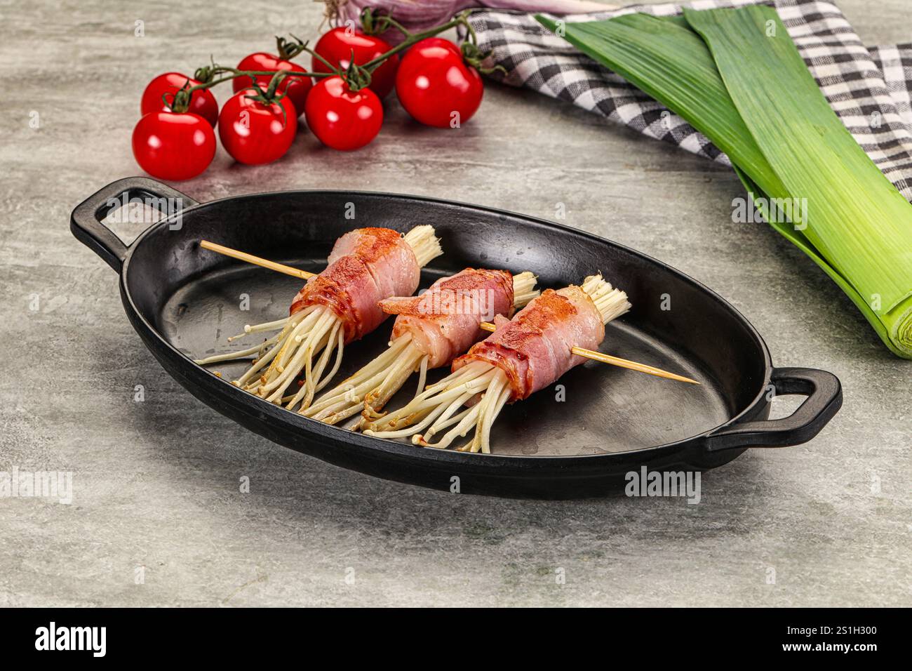 Grilled enoki mushroom with bacon roll wrap Stock Photo - Alamy