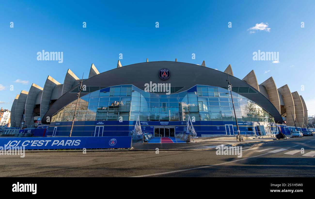 Front view of the main entrance to the Parc des Princes, a French ...