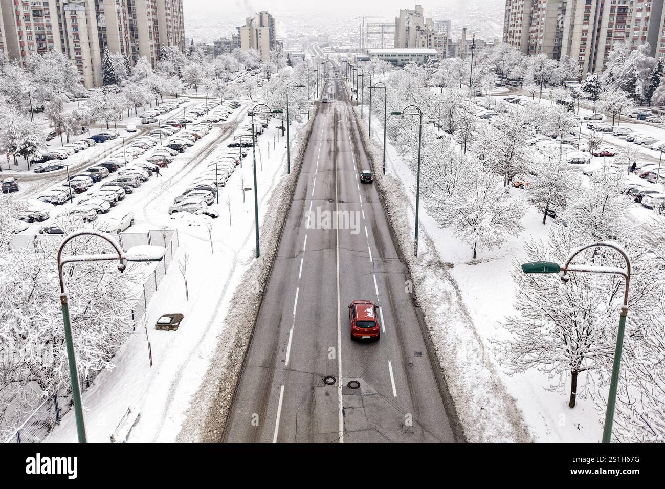 Aerial view of the snow-covered district Alipasino Polje (Ali Pasha's ...