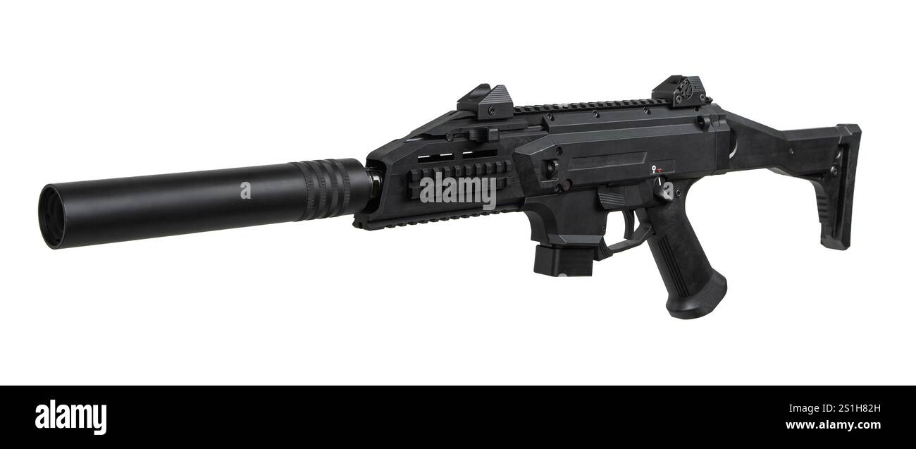 A modern black PCC (Pistol Caliber Carbine) with a suppressor, tactical ...