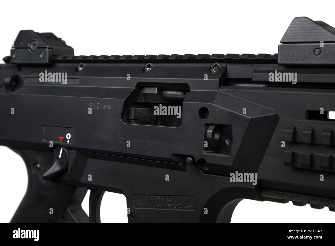 A modern black PCC (Pistol Caliber Carbine) with a suppressor, tactical ...