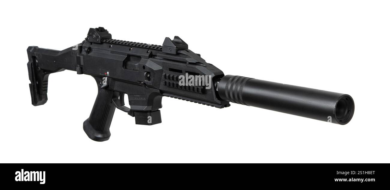 A modern black PCC (Pistol Caliber Carbine) with a suppressor, tactical ...