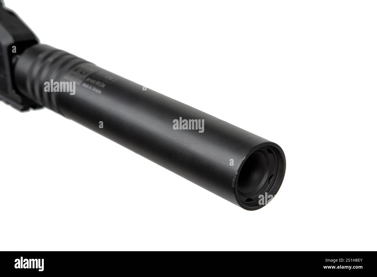 A modern black PCC (Pistol Caliber Carbine) with a suppressor, tactical ...