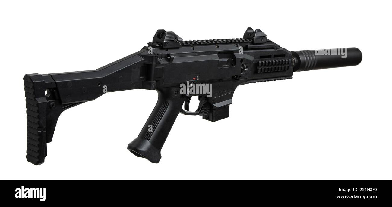 A modern black PCC (Pistol Caliber Carbine) with a suppressor, tactical ...