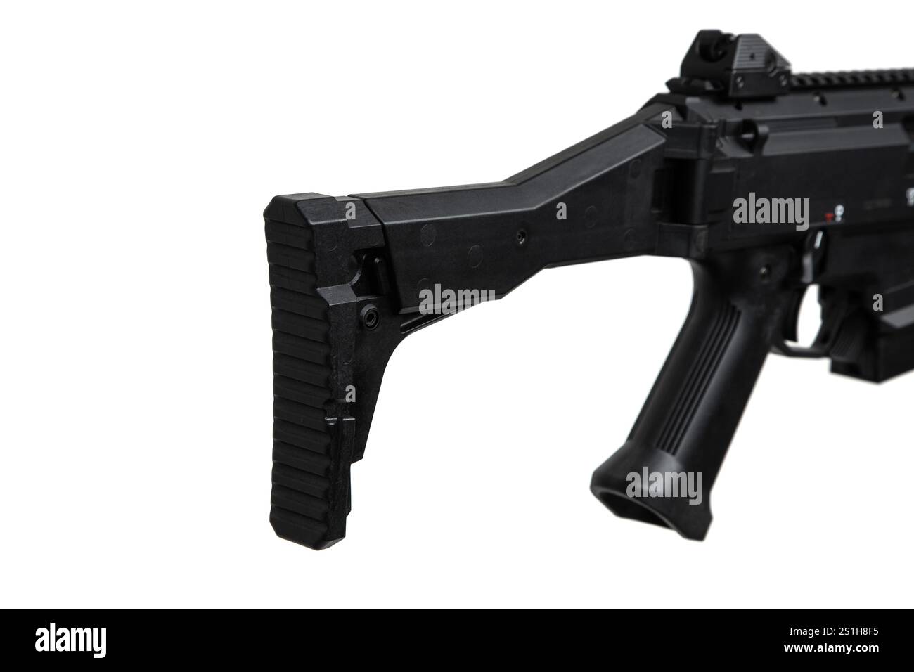 A modern black PCC (Pistol Caliber Carbine) with a suppressor, tactical ...