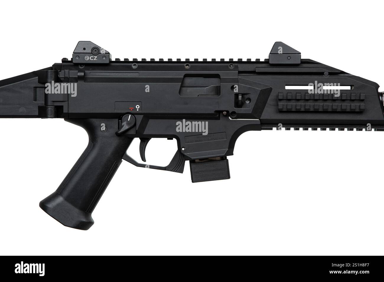 A modern black PCC (Pistol Caliber Carbine) with a suppressor, tactical ...